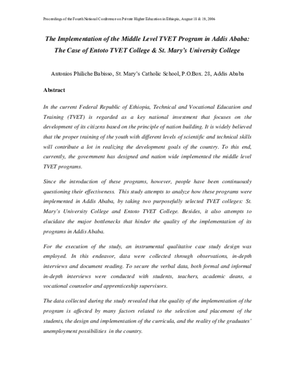 (PDF) The Implementation of the Middle Level TVET Program in Addis ...