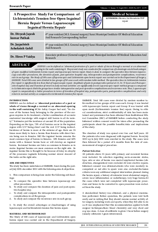 (PDF) A PROSPECTIVE STUDY FOR COMPARISON OF LICHTENSTEIN‘S TENSION FREE OPEN INGUINAL HERNIA ...