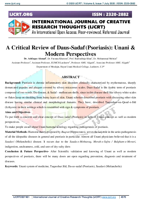 (PDF) A Critical Review of Daus-Sadaf (Psoriasis): Unani & Modern ...