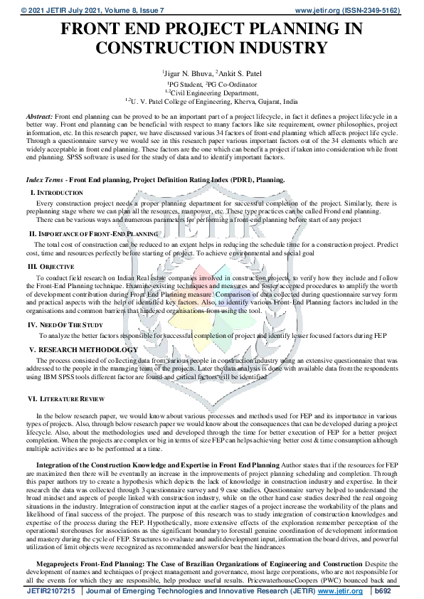 (PDF) Front End Project Planning in Construction Industry