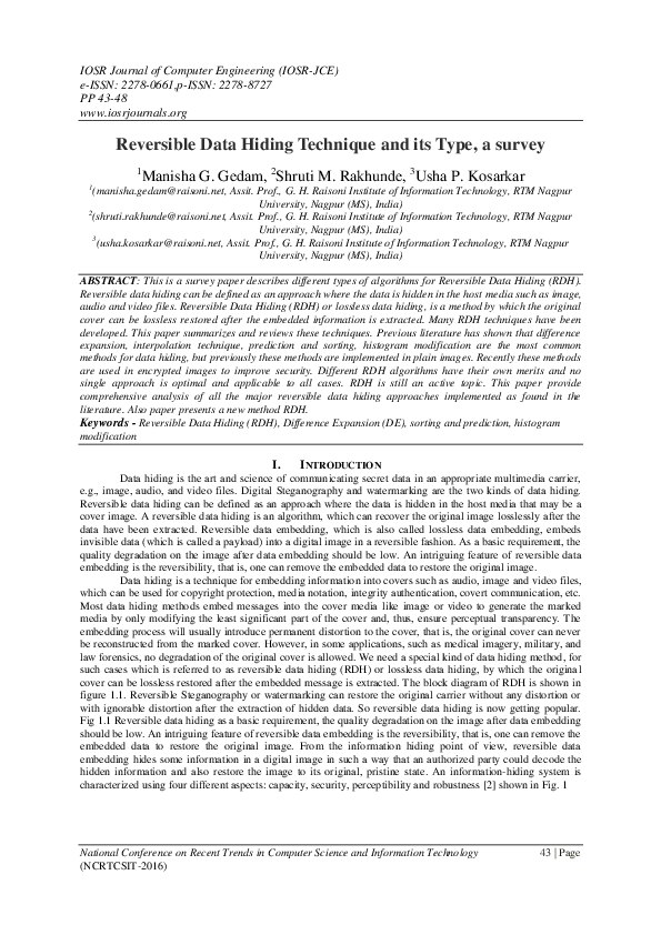 (PDF) Reversible Data Hiding Technique and its Type , a survey 1