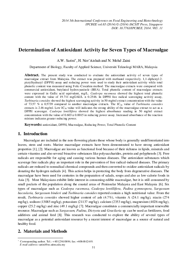 (PDF) Determination of Antioxidant Activity for Seven Types of Macroalgae