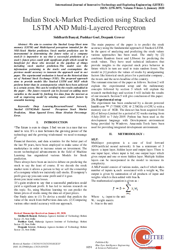Pdf Indian Stock Market Prediction Using Stacked Lstm And Multi Layered Perceptron