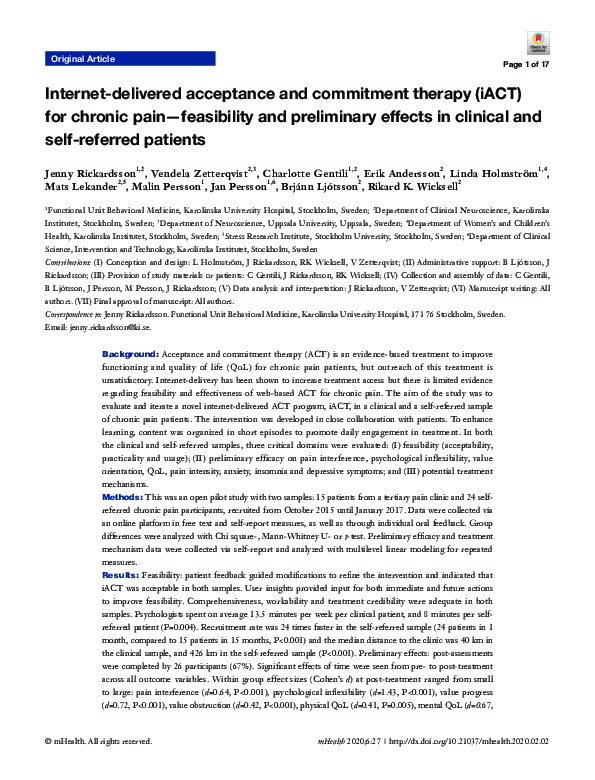 (PDF) Internet-delivered acceptance and commitment therapy (iACT) for ...