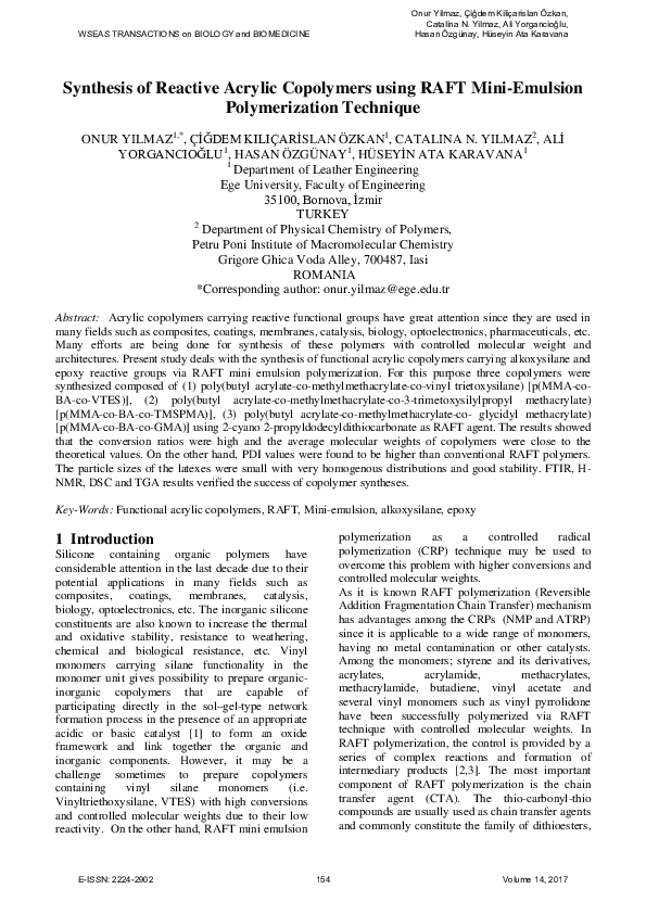 Pdf Synthesis Of Reactive Acrylic Copolymers Using Raft Mini Emulsion Polymerization Technique