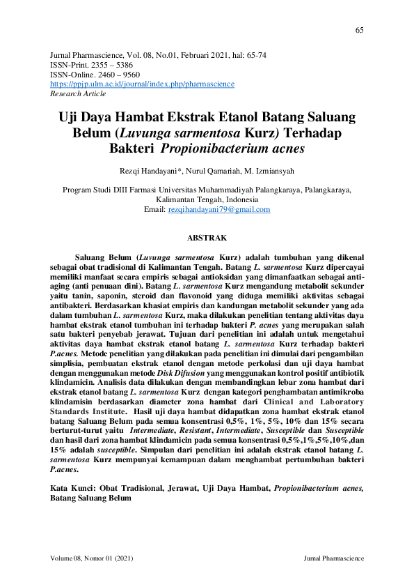 (PDF) Uji Daya Hambat Ekstrak Etanol Batang Saluang Belum (Luvunga sarmentosa Kurz) Terhadap ...