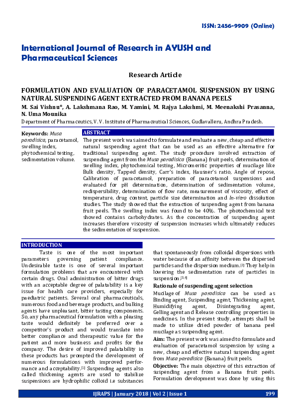 Pdf Formulation And Evaluation Of Paracetamol Suspension By Using Natural Suspending Agent