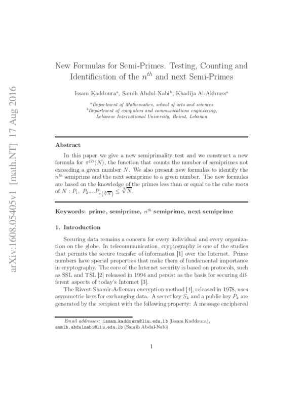 (PDF) New Formulas for Semi-Primes. Testing, Counting and ...