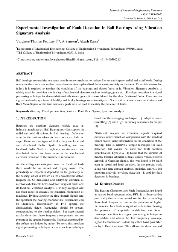 Pdf Experimental Investigation Of Fault Detection In Ball Bearings