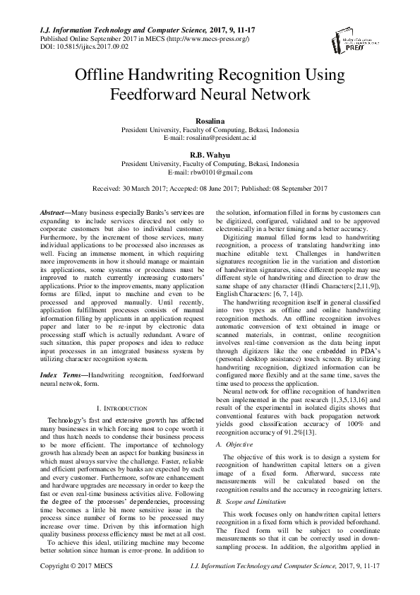 Pdf Offline Handwriting Recognition Using Feedforward Neural Network