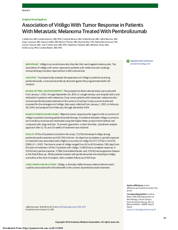 (PDF) Association of Vitiligo With Tumor Response in Patients With ...
