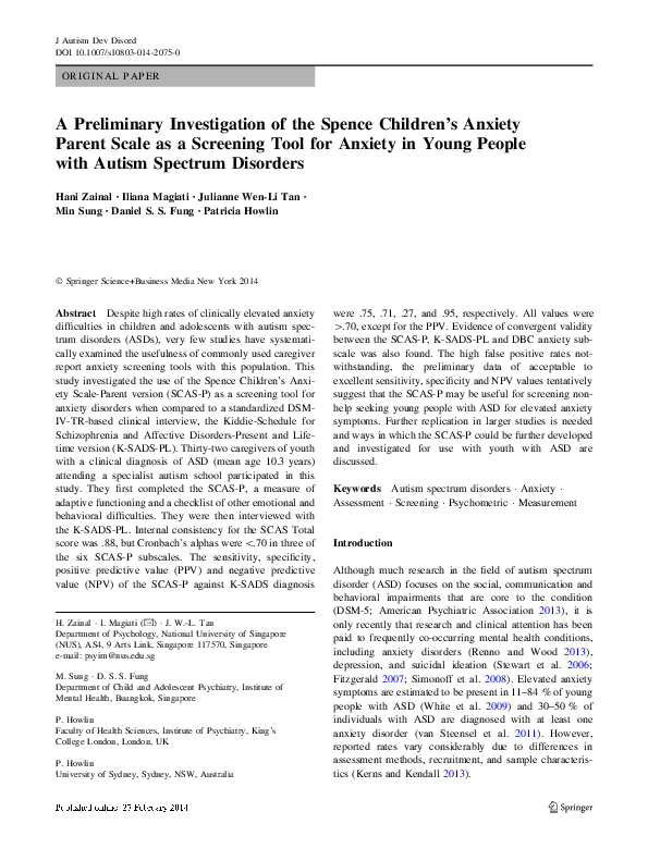 (PDF) A Preliminary Investigation of the Spence Children’s Anxiety Parent Scale as a Screening ...