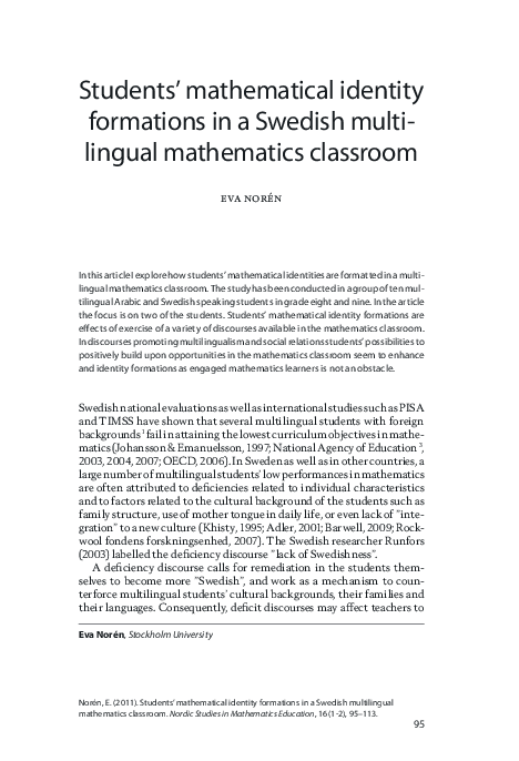 (PDF) Students’ mathematical identity formations in a Swedish multilingual mathematics classroom