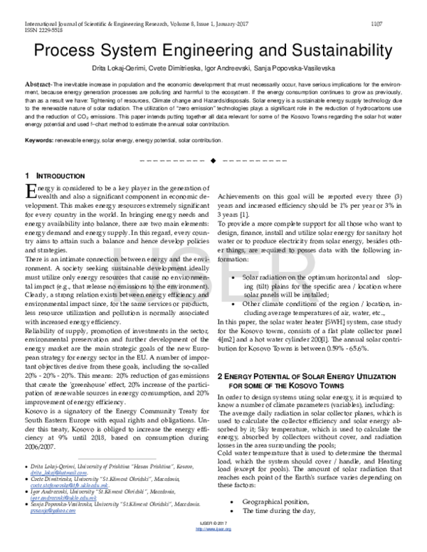 (PDF) Process System Engineering and Sustainability