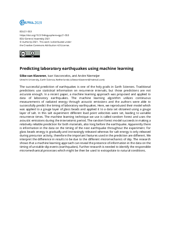 (PDF) Predicting laboratory earthquakes using machine learning