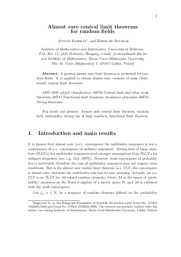 (PDF) Almost sure central limit theorems for random fields