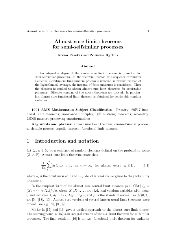 (PDF) Almost sure limit theorems for semi-selfsimilar processes