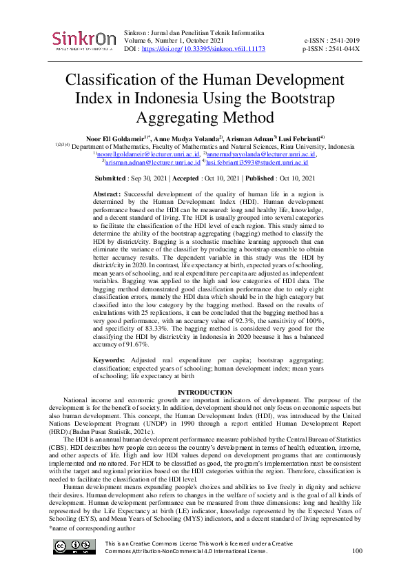 Pdf Classification Of The Human Development Index In Indonesia Using The Bootstrap Aggregating