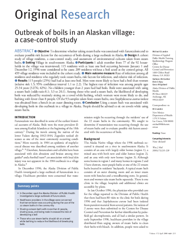 (PDF) Outbreak of boils in an Alaskan village: a case-control study
