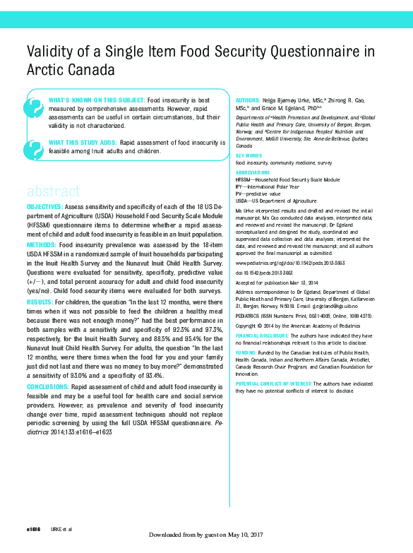 (PDF) Validity of a single item food security questionnaire in Arctic ...