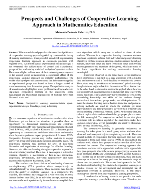 (PDF) Prospects and Challenges of Cooperative Learning Approach in ...
