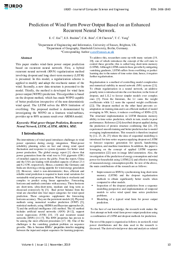 (PDF) Prediction of Wind Farm Power Output Based on an Enhanced Recurrent Neural Network