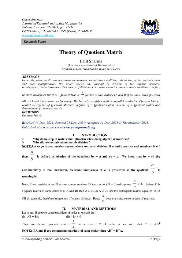 (PDF) Theory of Quotient Matrix
