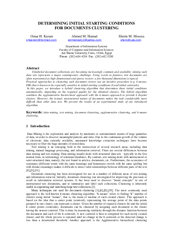 (PDF) Determining Initial Starting Conditions For Documents Clustering