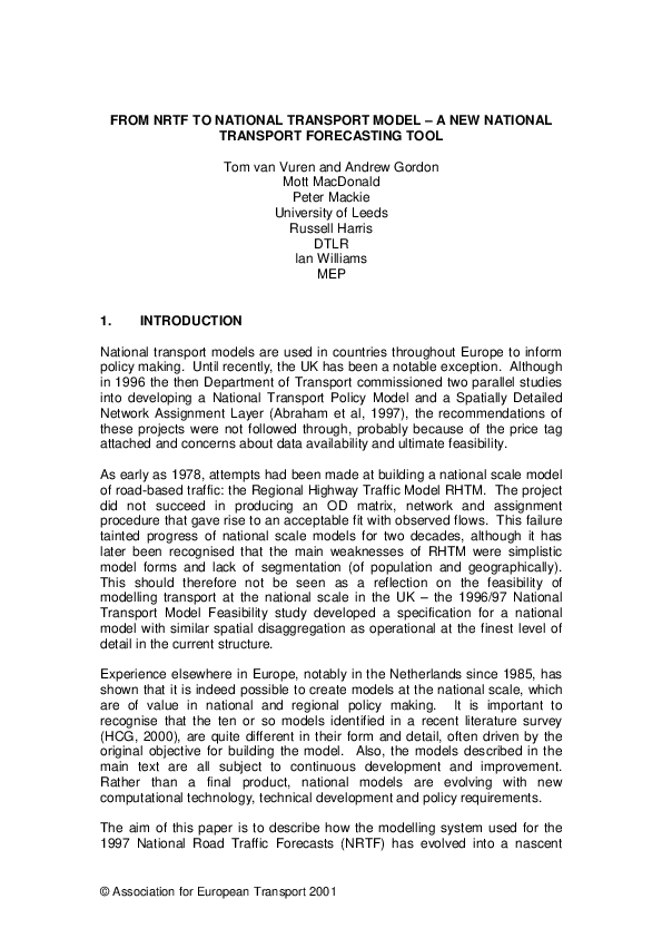 (PDF) From NRTF to National Transport Model – a New National Transport ...