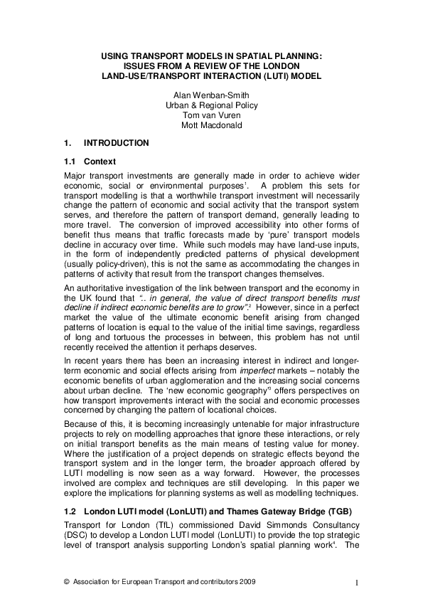 (PDF) Using Transport Models in Spatial Planning: Issues From a Review ...