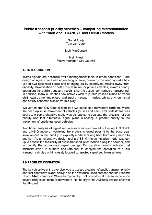 (PDF) Public transport priority schemes - comparing microsimulation ...