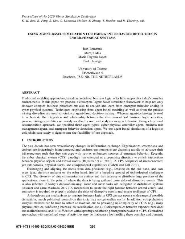 Pdf Using Agent Based Simulation For Emergent Behavior Detection In
