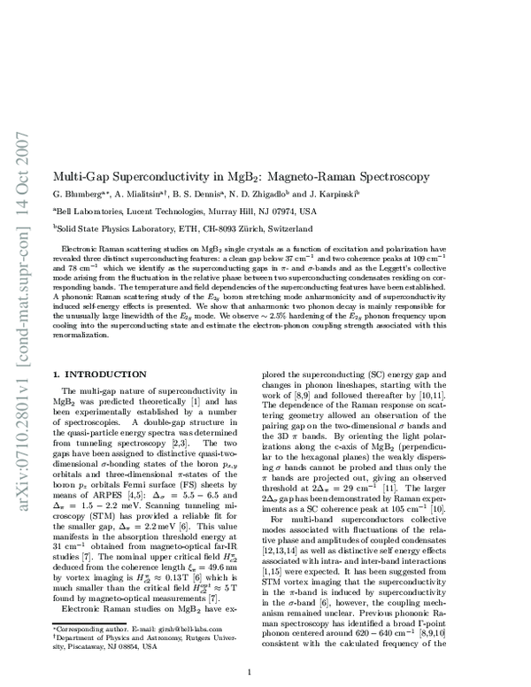 (PDF) Multi-gap superconductivity in MgB2: Magneto-Raman spectroscopy