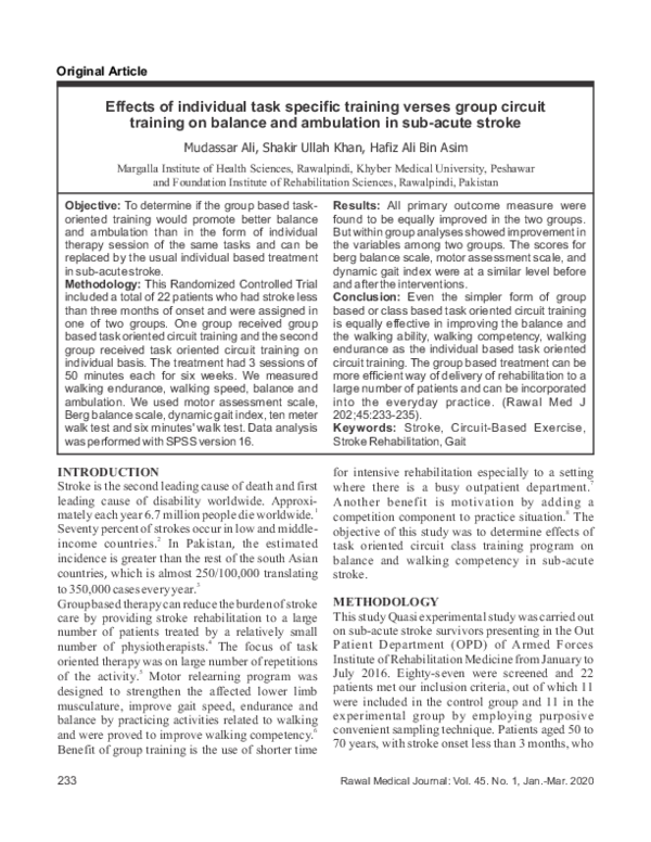 (PDF) Effects of individual Task specific training verses group Circuit ...