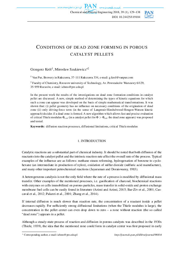 (PDF) Conditions of dead zone forming in porous catalyst pellets