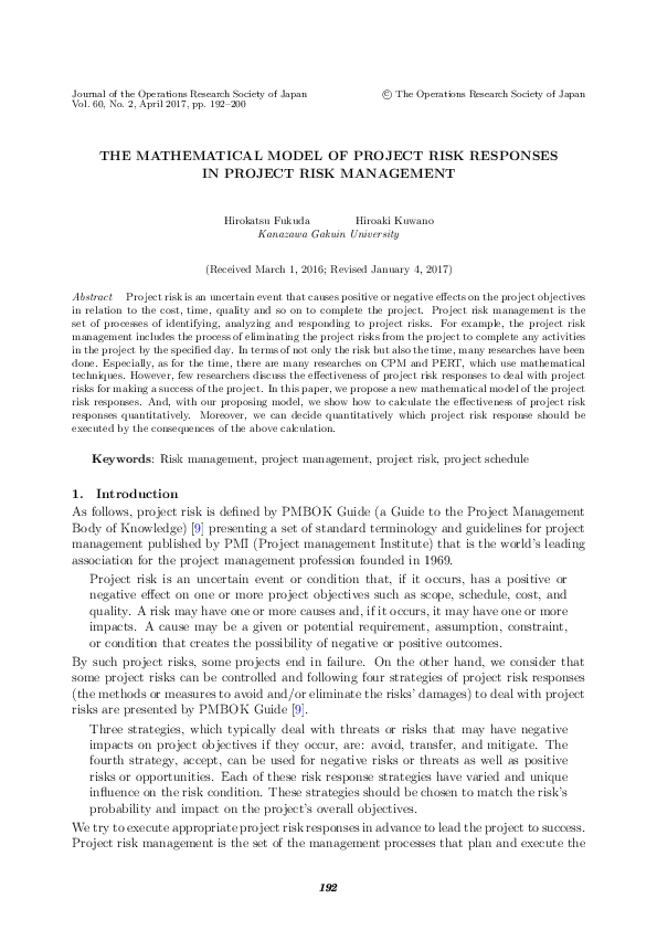 (PDF) The Mathematical Model of Project Risk Responses in Project Risk ...