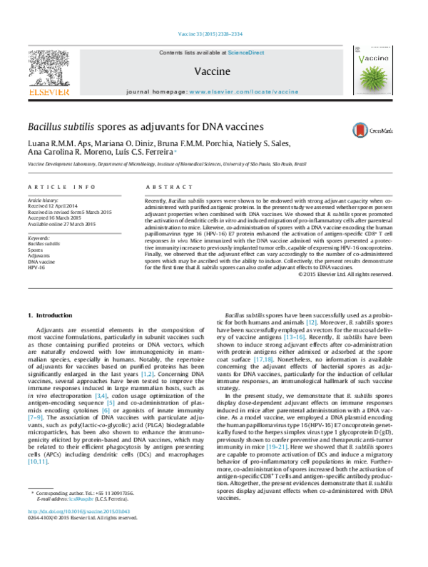 Pdf Bacillus Subtilis Spores As Adjuvants For Dna Vaccines