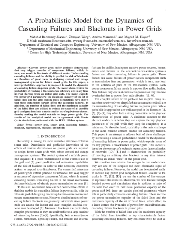 (PDF) A Probabilistic Model for the Dynamics of Cascading Failures and Blackouts in Power Grids