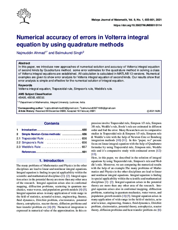 (PDF) Numerical accuracy of errors in Volterra integral equation by ...