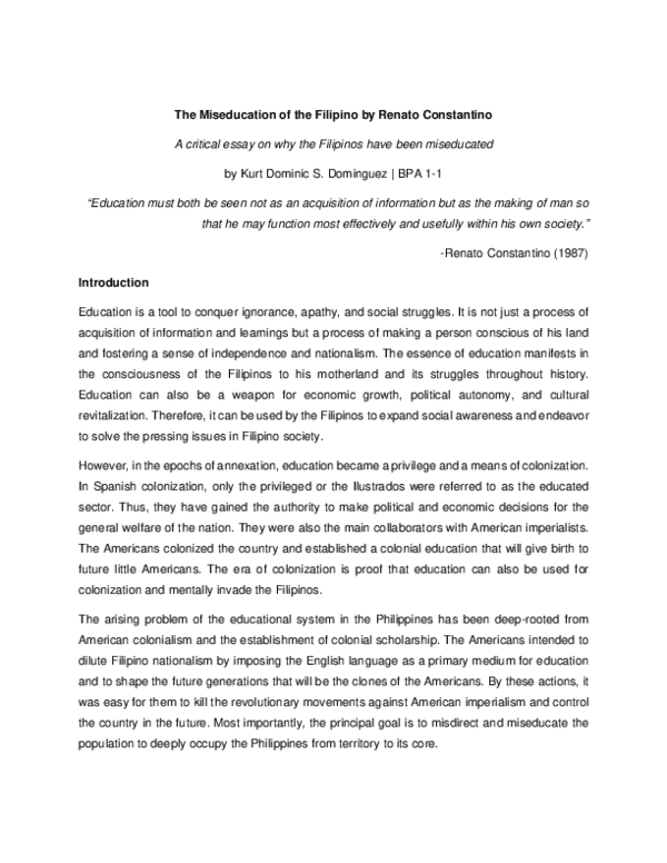 (PDF) The Miseducation of the Filipino by Renato Constantino