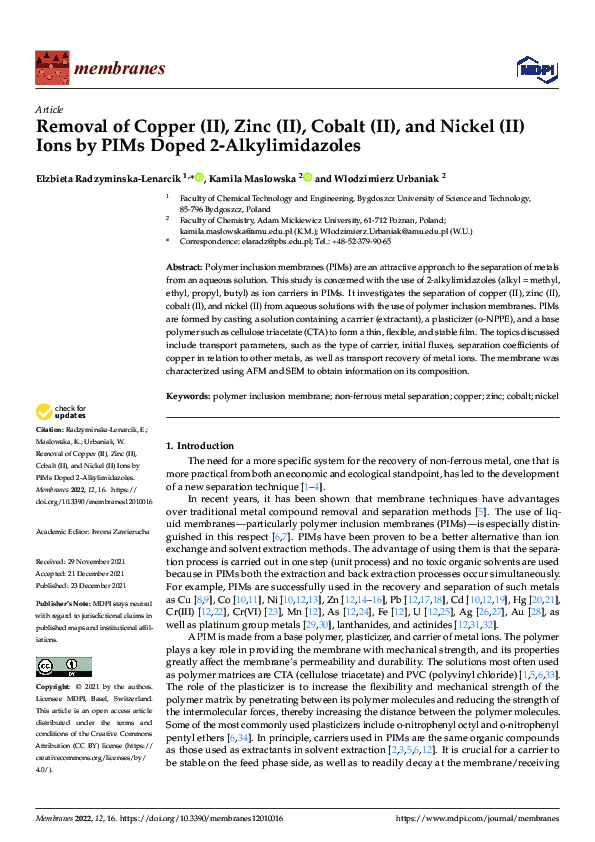 (PDF) Removal of Copper (II), Zinc (II), Cobalt (II), and Nickel (II) Ions by PIMs Doped 2 ...