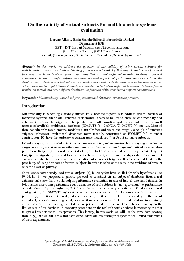 (PDF) On the validity of virtual subjects for multibiometric systems evaluation