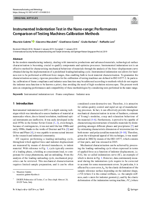 (PDF) Instrumented Indentation Test in the Nano-range: Performances ...