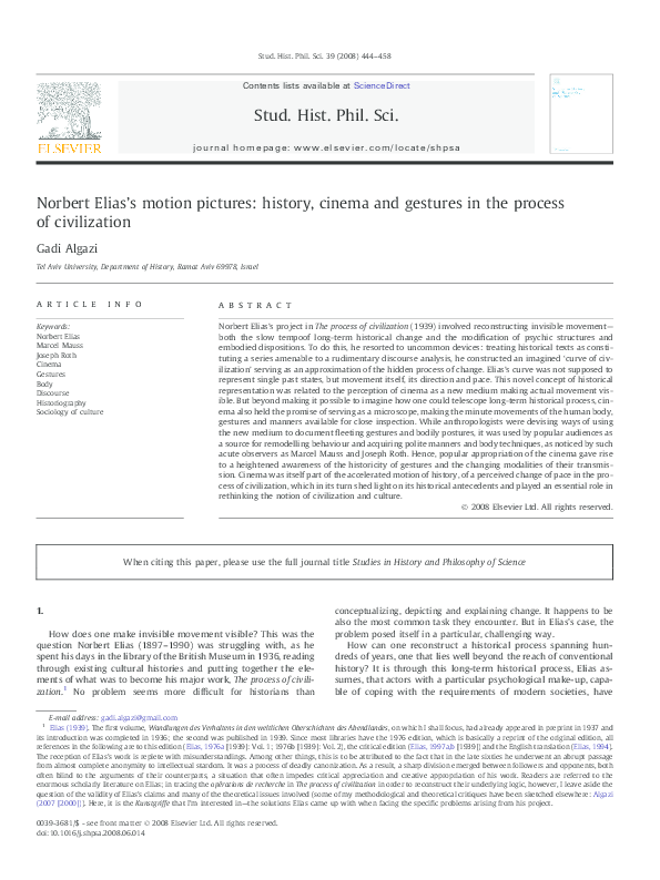 (PDF) Norbert Elias’s Motion Pictures: History, Cinema and Gestures in ...