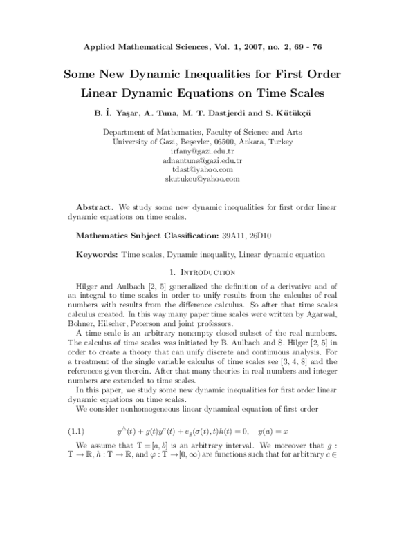 Pdf Some New Dynamic Inequalities For First Order Linear Dynamic Equations On Time Scales