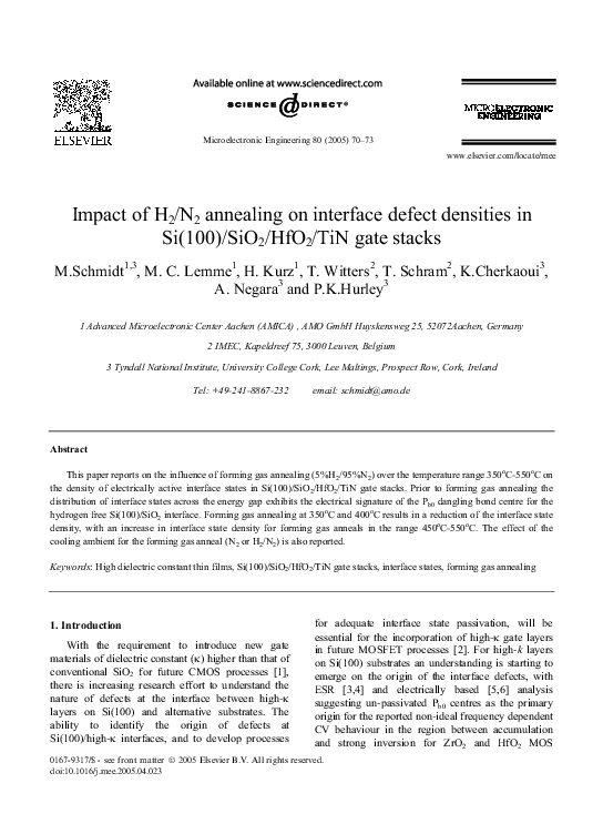 (PDF) Impact of H2/N2 annealing on interface defect densities in Si(100)/SiO2/HfO2/TiN gate stacks
