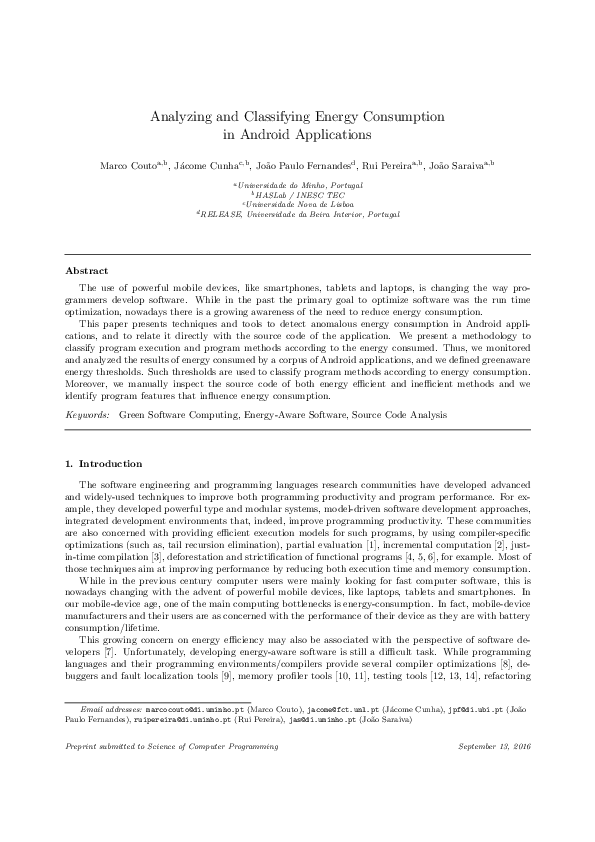 Pdf Analyzing And Classifying Energy Consumption In Android Applications
