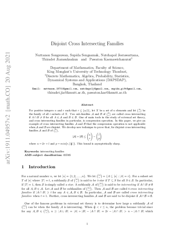 (PDF) Disjoint Cross Intersecting Families