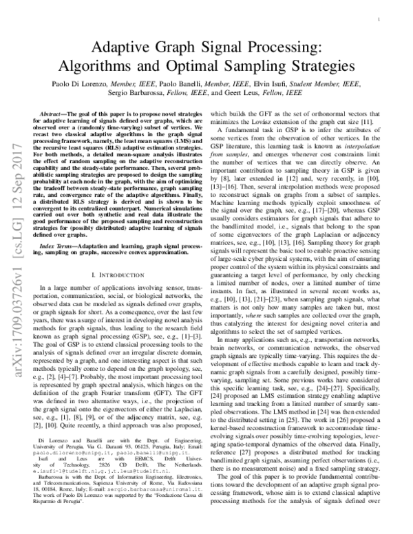 Pdf Adaptive Graph Signal Processing Algorithms And Optimal Sampling Strategies
