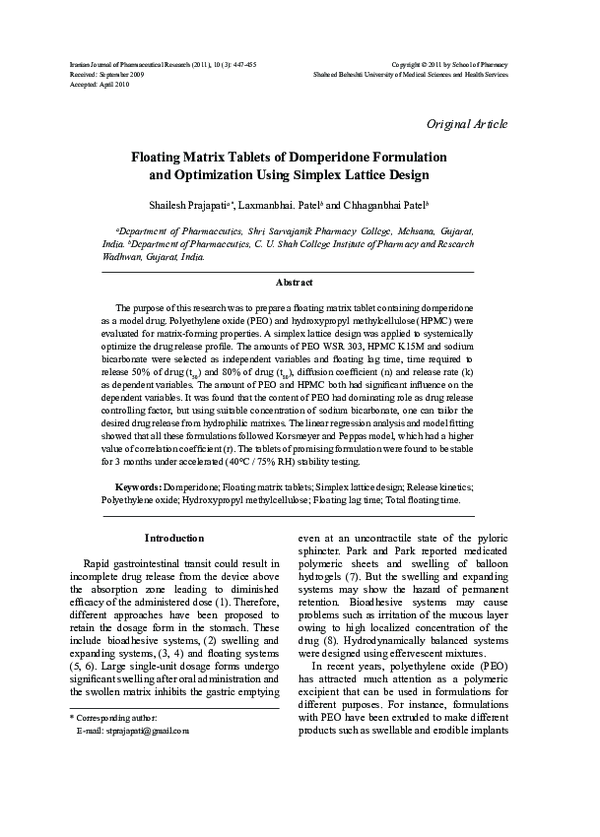 Pdf Floating Matrix Tablets Of Domperidone Formulation And Optimization Using Simplex Lattice